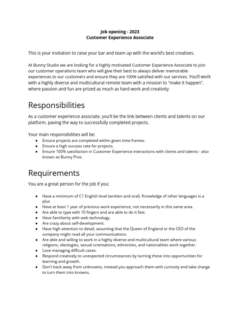 Customer Experience Associate - Position Details | PDF | Customer ...