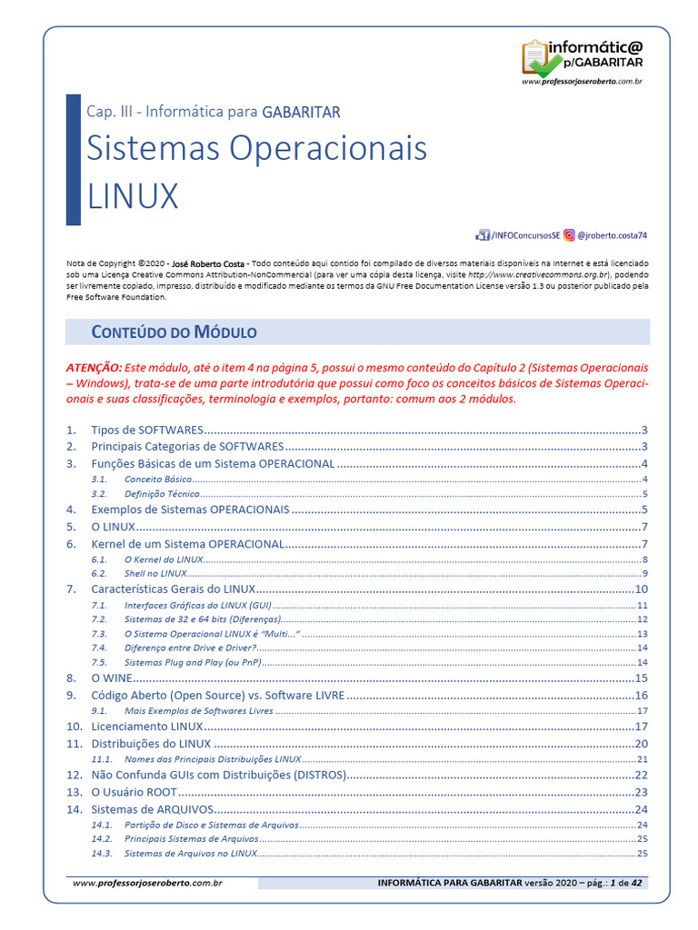 Apostila III - Sistemas Operacionais (LINUX) | PDF | Software gratuito | Linux