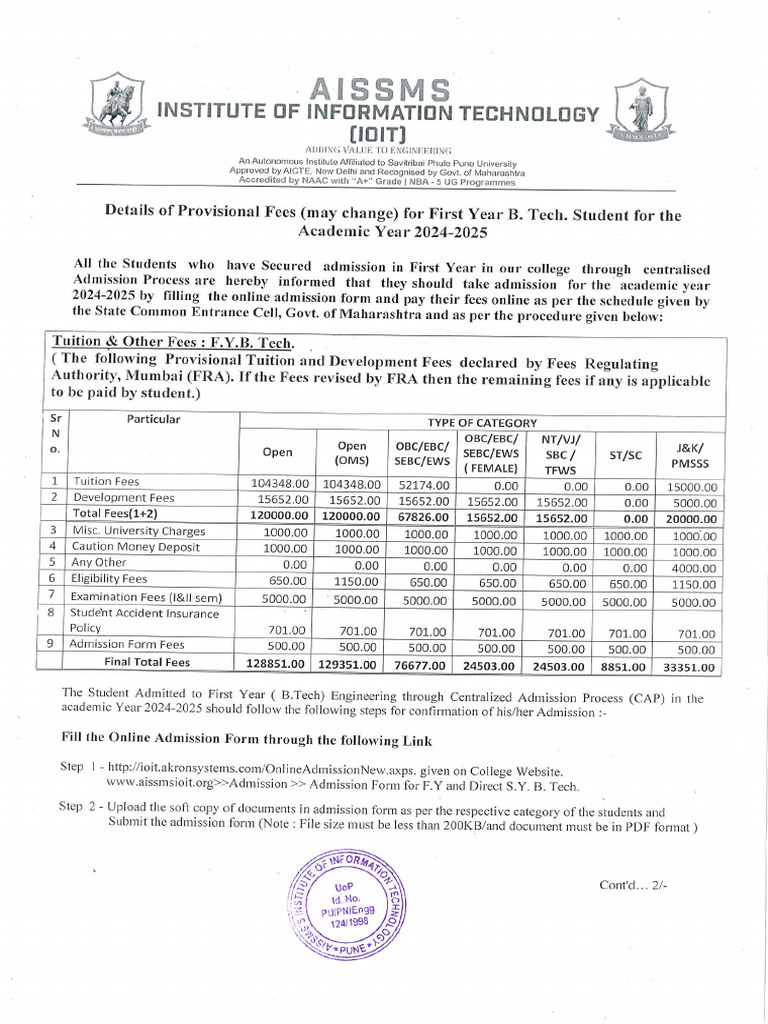 F.y.btech Student Fees 2024 25 | PDF