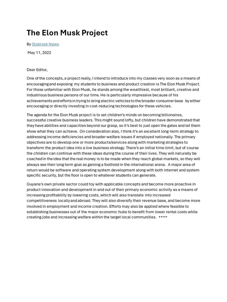 Elon Musk Project: Inspiring Young Entrepreneurs | PDF