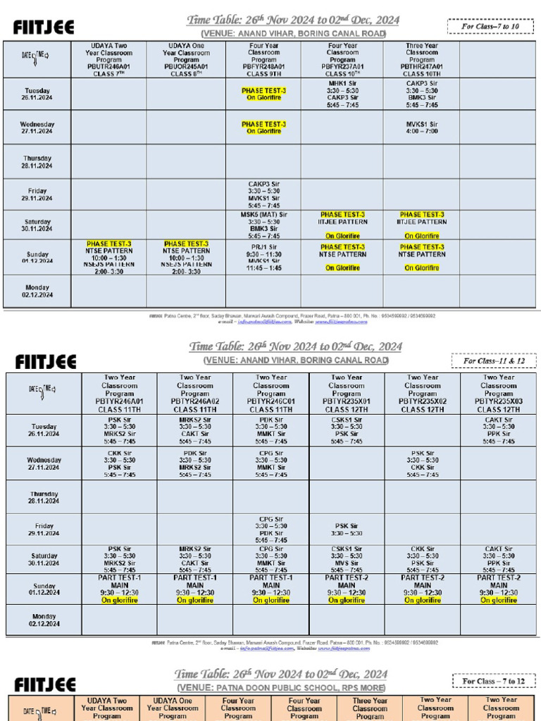 Class Schedule - 26.11.2024 To 02.12.2024 | PDF