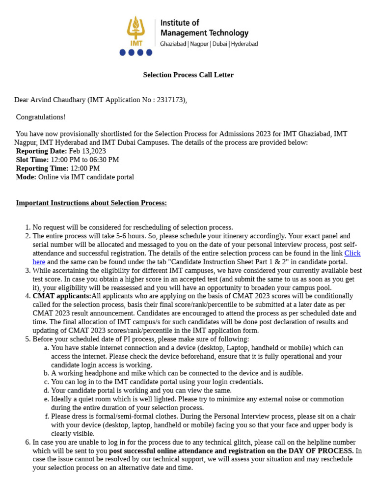 IMT Admissions 2023 Selection Process Guide | PDF | Cyberspace | Computing