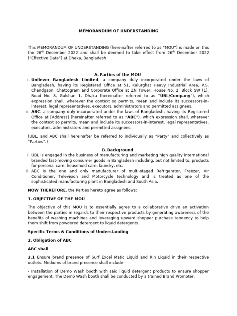 MoU Liquid Detergent-B2B Activation | PDF | Indemnity | Copyright