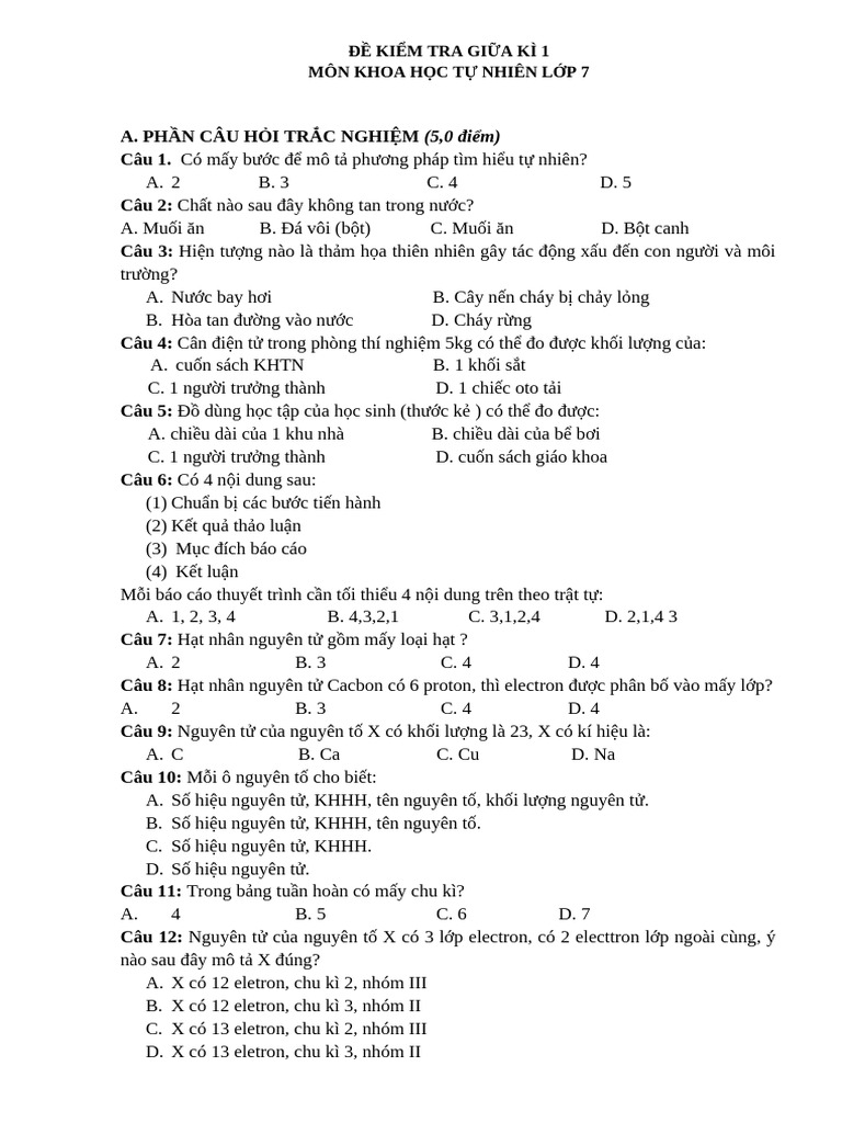 KHTN 7 Kiem Tra Giua Ki 1 | PDF