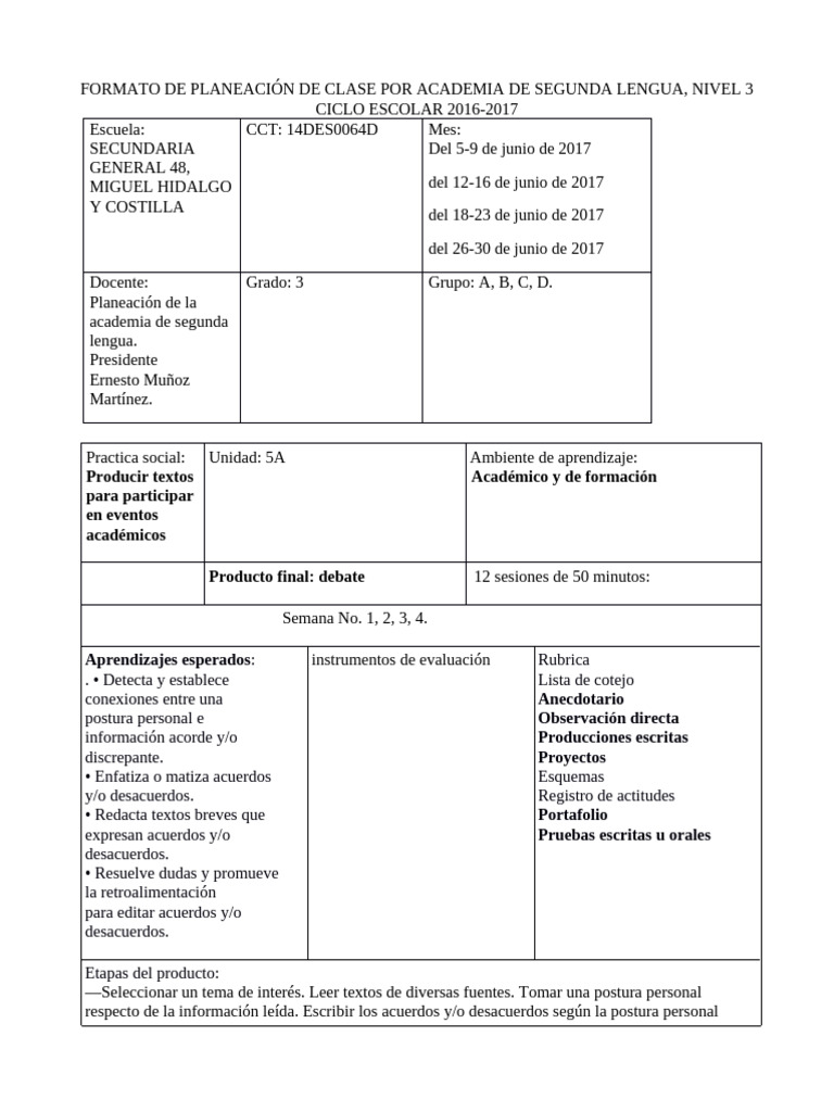 Planeacion de Ingles 3 para Mayo y Junio Ernesto MM | PDF | Puntuación ...