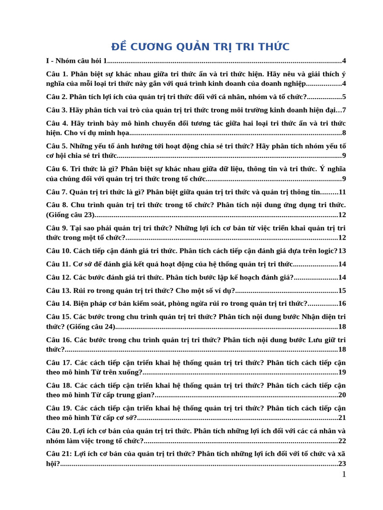 NHÓM CÂU HỎI 1 - ĐỀ CƯƠNG QTTT | PDF