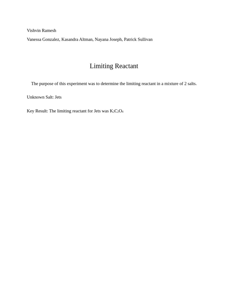Limiting Reactant Lab Actual | PDF | Filtration | Precipitation (Chemistry)
