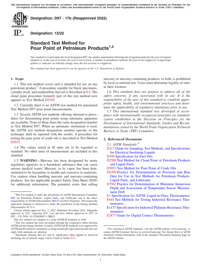 ASTM D0097-17b (2022) STM For Pour Point of Petroleum Products | PDF ...