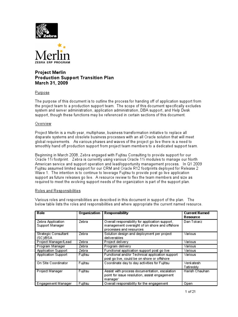 Project Merlin Production Support Transition Plan | PDF | Project ...