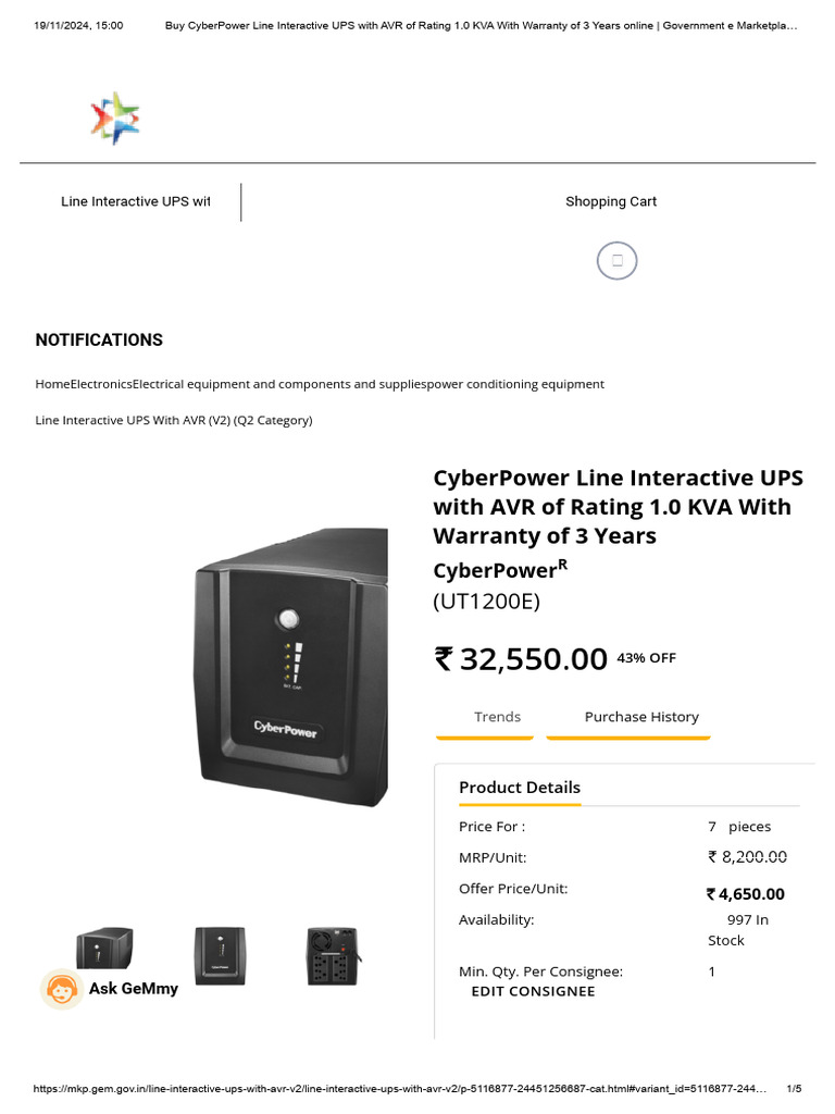 Cyberpower Line Interactive Ups With Avr of Rating 1.0 Kva With ...