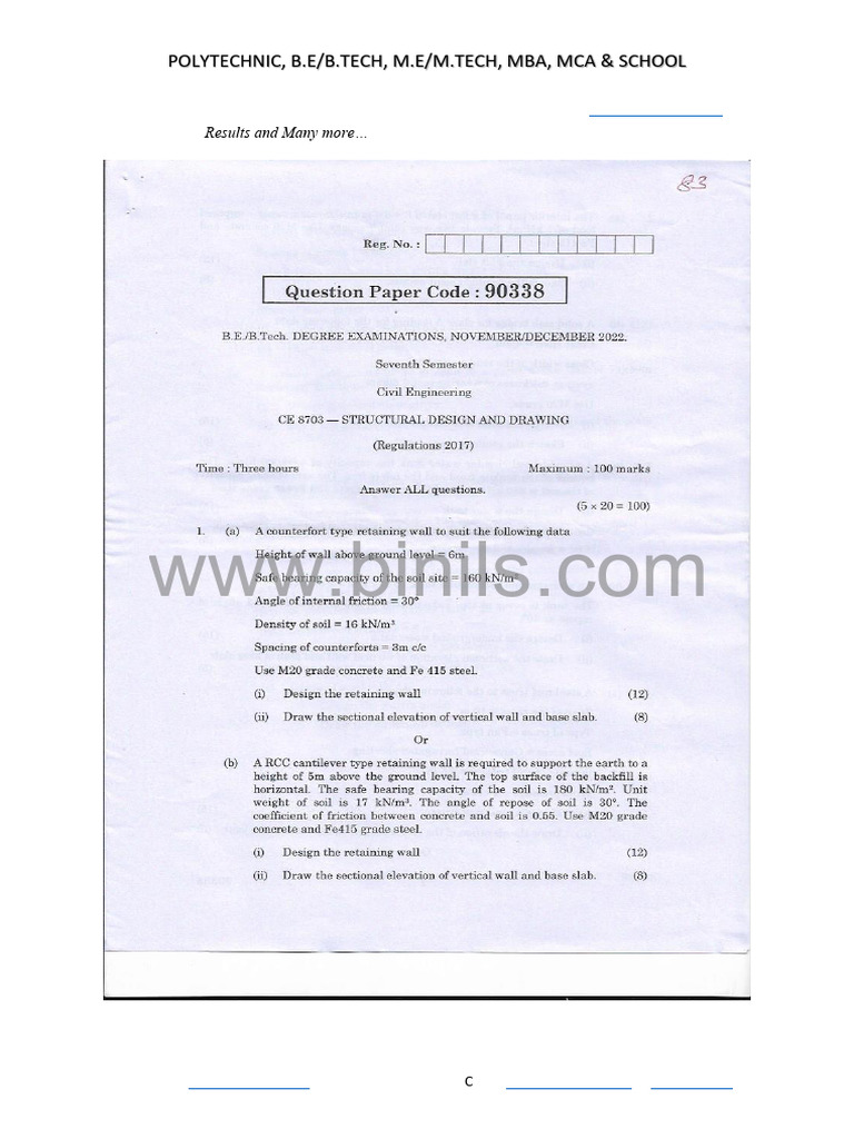 CE 8703 Structural Design and Drawing Previous Question Paper | PDF