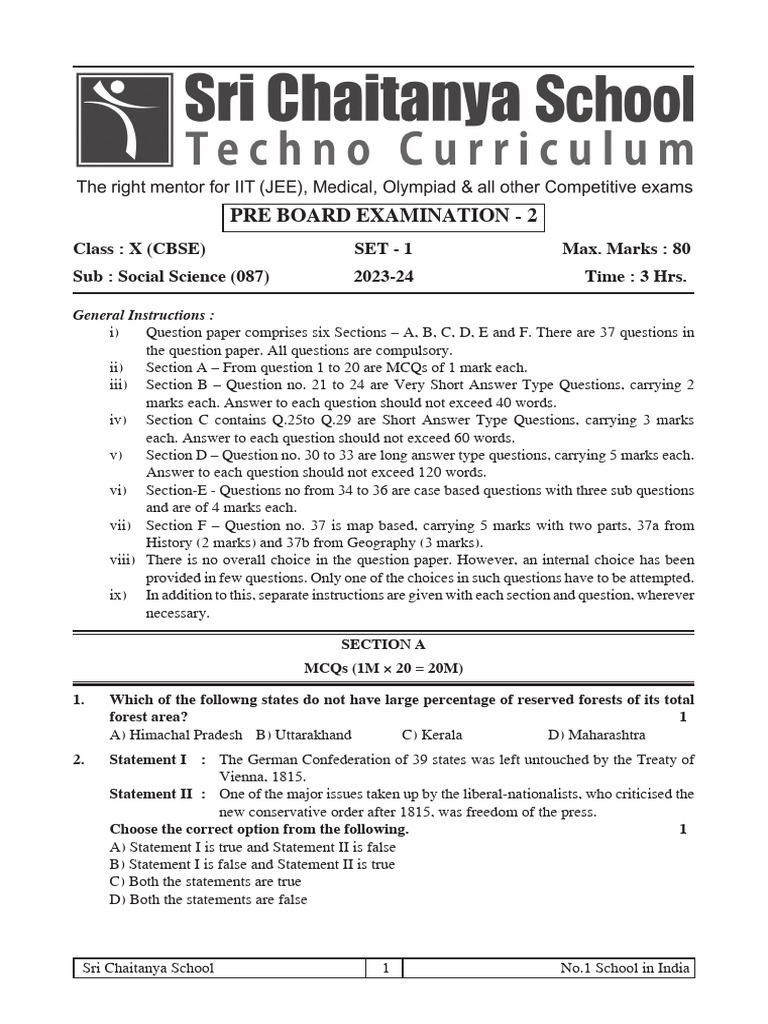 SOCIAL X CBSE PRE-BOARD 2 QP (Set-1) 2023-24 (AP, TS) .Indd | PDF | Tiger | Belgium