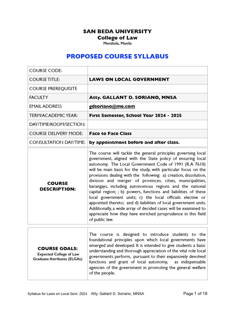 Laws On Local Govt. Syllabus 2024 (Sbu) | PDF