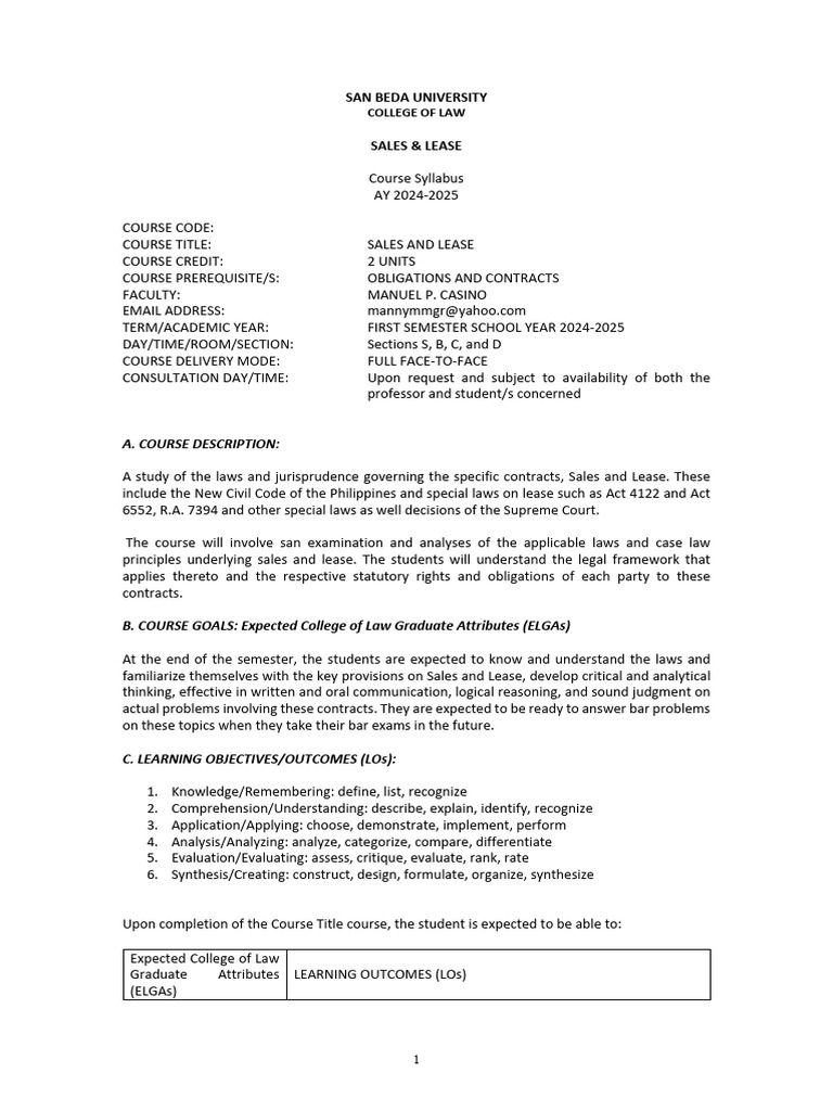 SALES and LEASE Course OUTLINE | PDF | Lease | Analysis