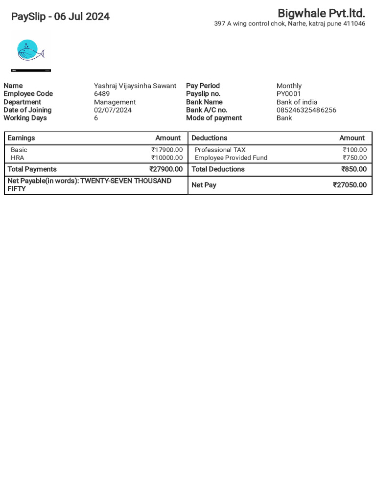 Payslip - 06 Jul 2024: 397 A Wing Control Chok, Narhe, Katraj Pune 411046 | PDF