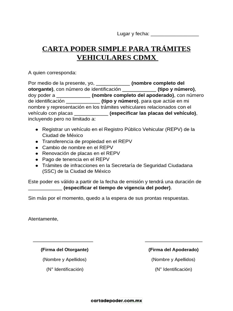 Carta Poder Simple para Tramites Vehiculares CDMX | PDF
