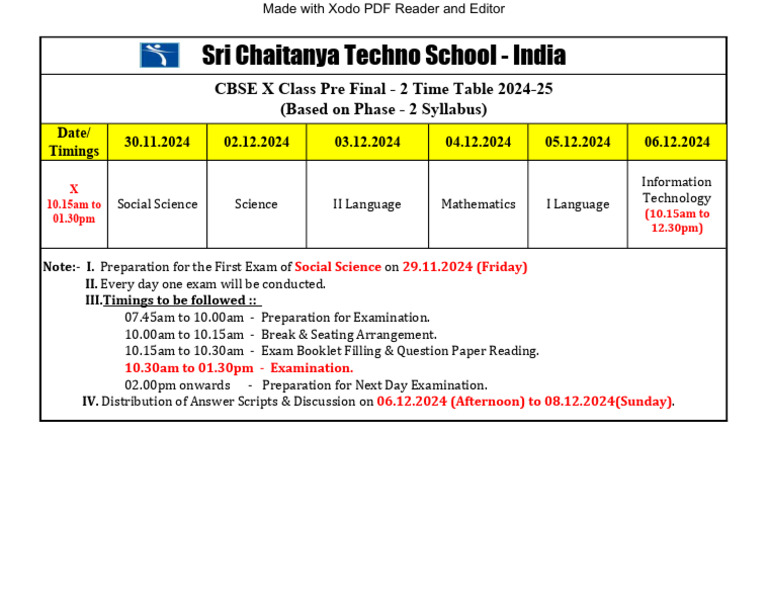 CBSE X Class Pre Final - 2 Time Table 2024-25 | PDF