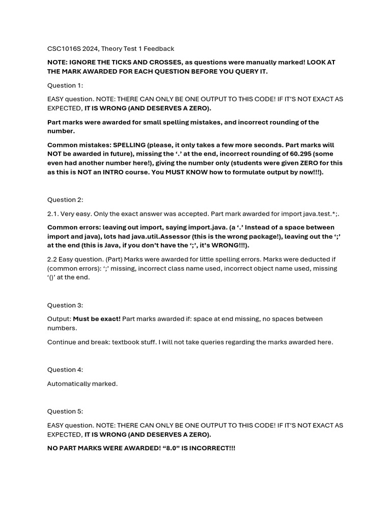 CSC1016S 2024, Theory Test 1 Feedback | PDF | Variable (Computer ...