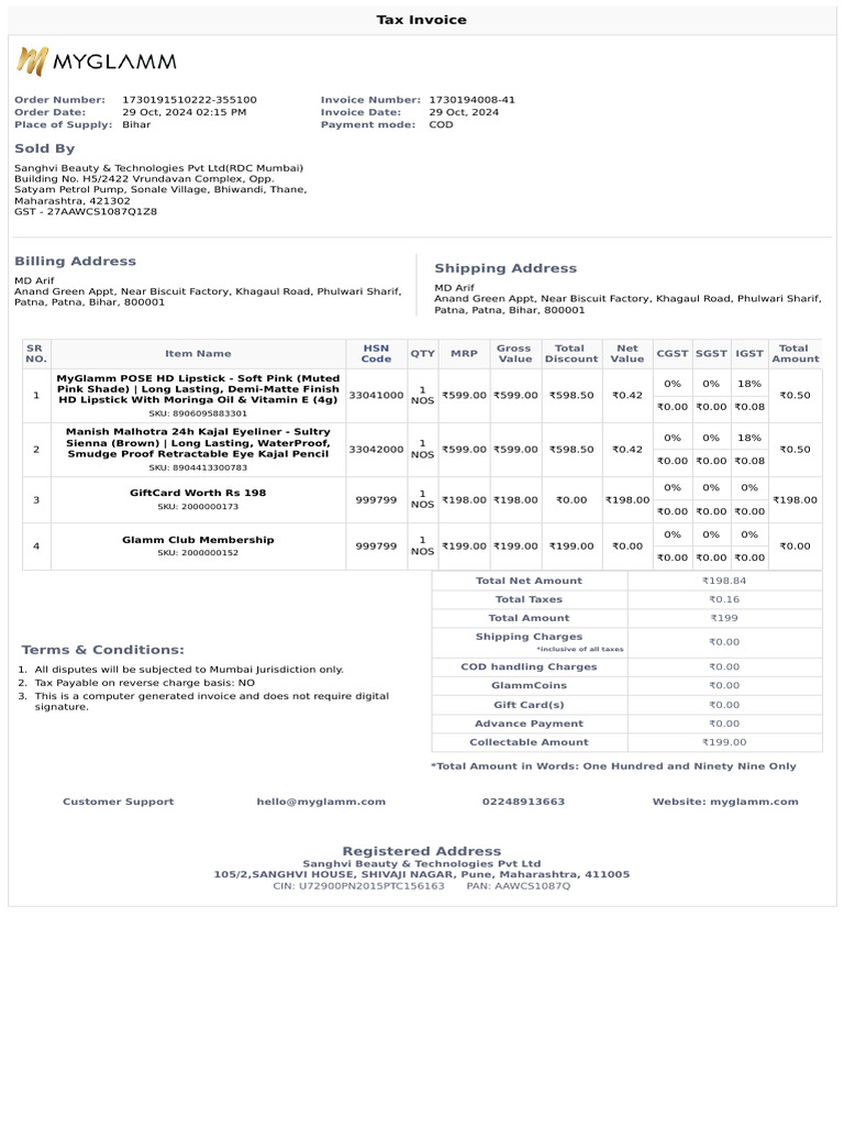 Tax Invoice for MyGlamm Order 173019 | PDF | Payments | Taxes