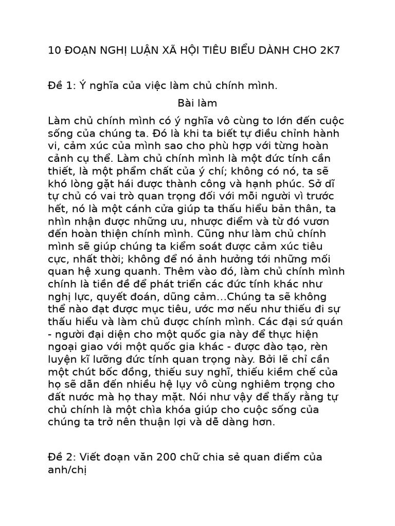 10 ĐOẠN NGHỊ LUẬN XÃ HỘI TIÊU BIỂU DÀNH CHO 2K7 | PDF