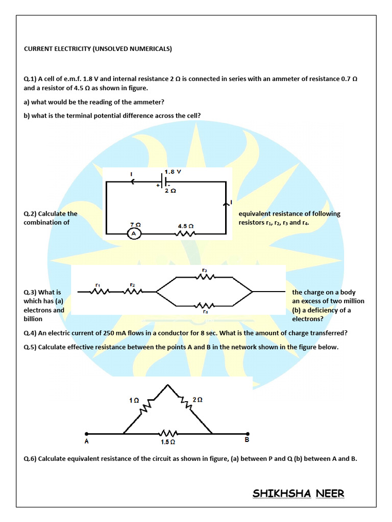Current Electricity Unsolved Numericals Class 10 For Study Material | PDF | Series And Parallel ...