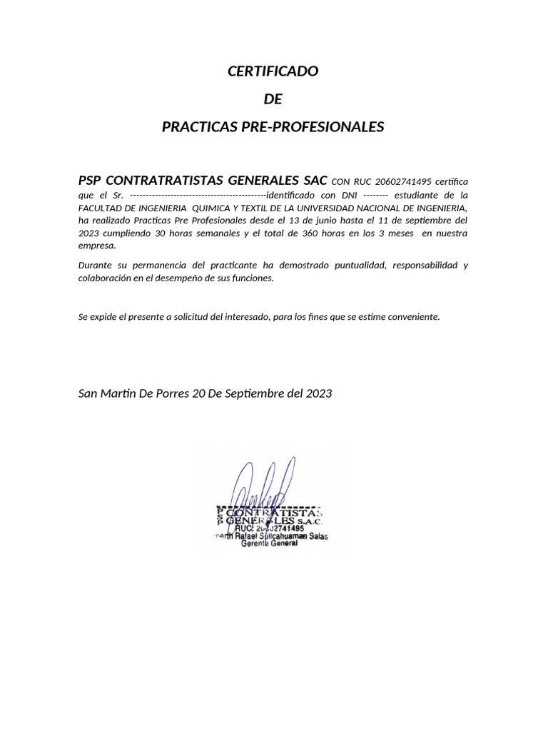 CERTIFICADO DE PRACTICAS PRE PROFESIONALES-formato | PDF