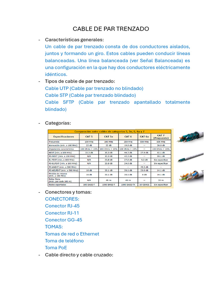 Tipos y características del cable de par trenzado | PDF