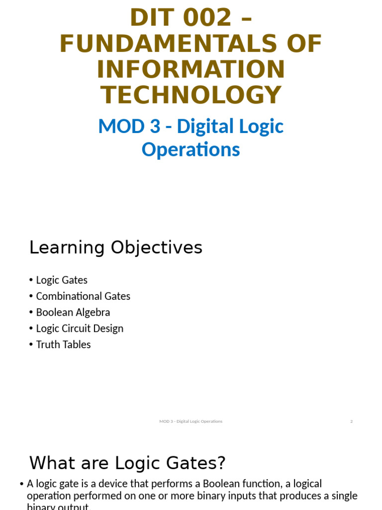 MOD 3 - Digital Logic Operations | PDF | Boolean Algebra | Teaching ...