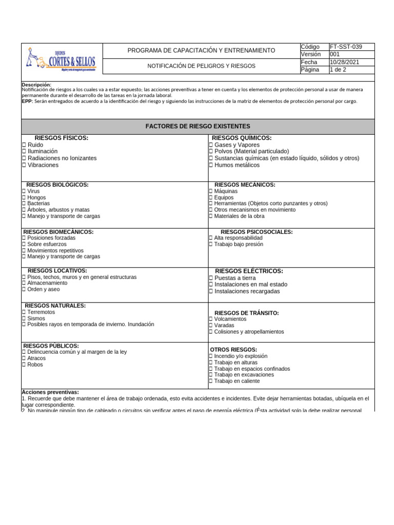 39-FFT-SST-039 - Notificacion de Peligros y Riesgos | PDF