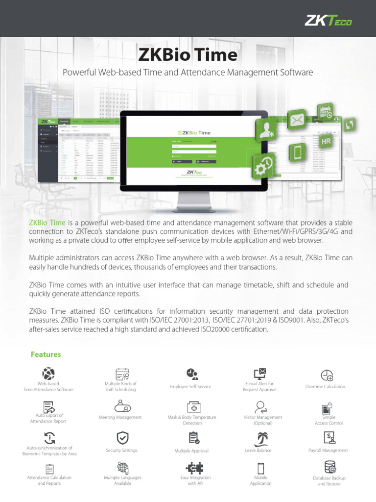 ZKBio Time 9.0 Datasheet 20240724 | PDF | Web Application | Software