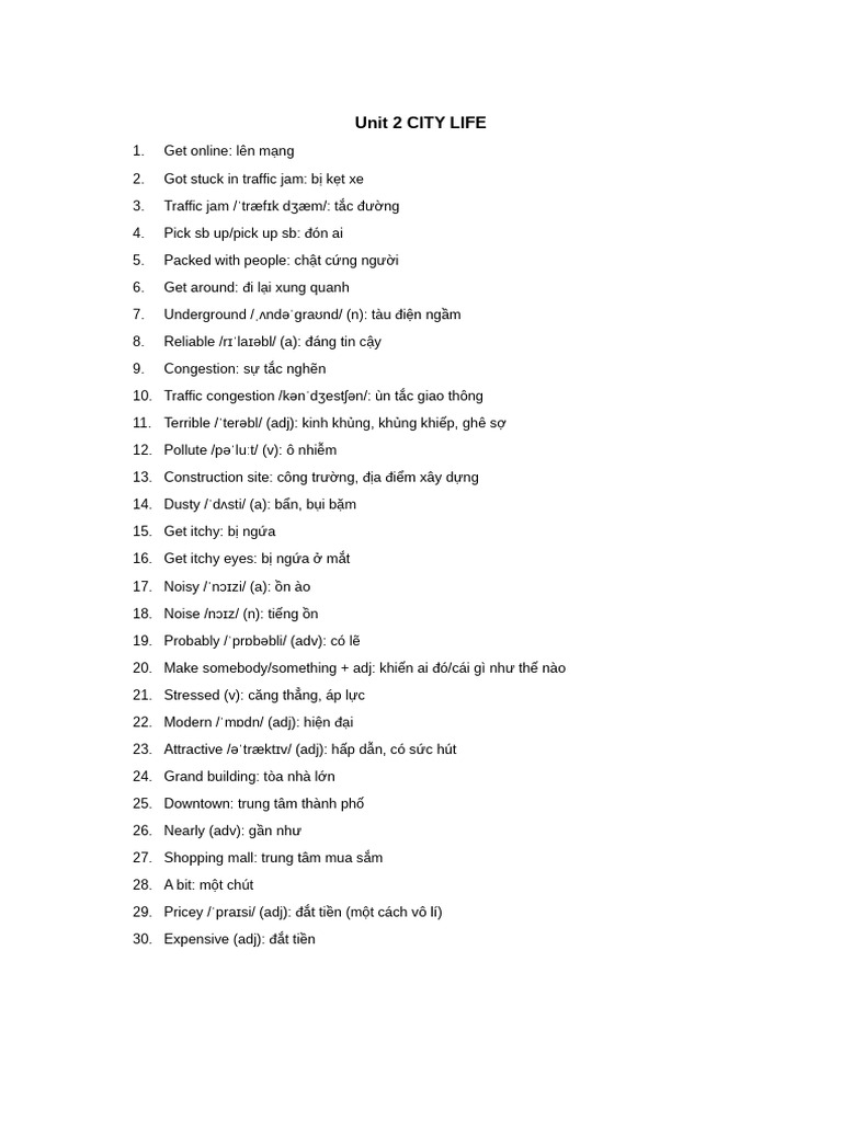 Vocabs Unit 2 CITY LIFE | PDF