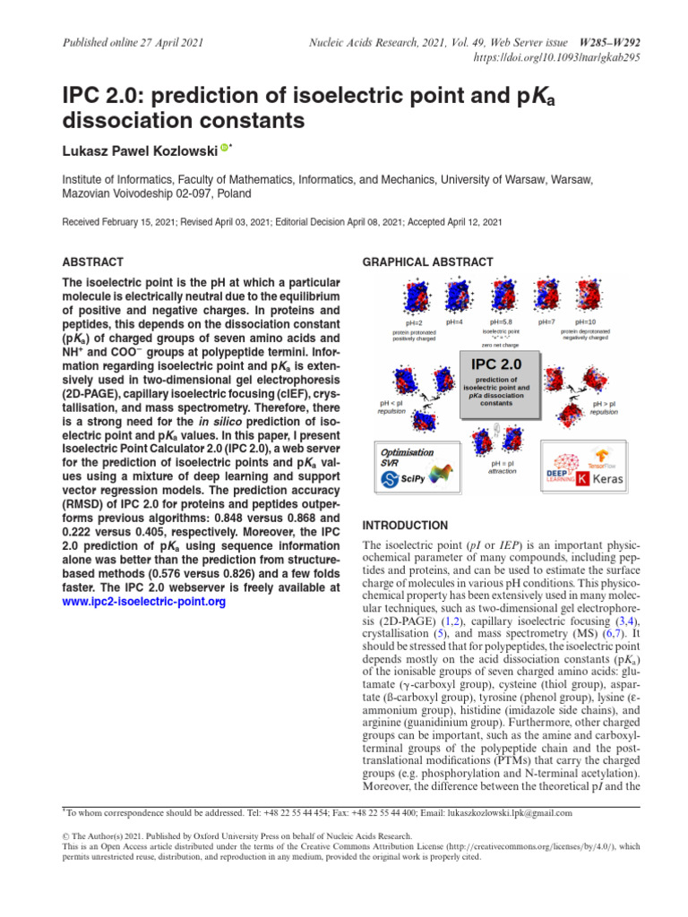 Kozlowski, L. (2021) IPC 2.0 Prediction of Isoelectric Point and PKa Dissociation Constants ...