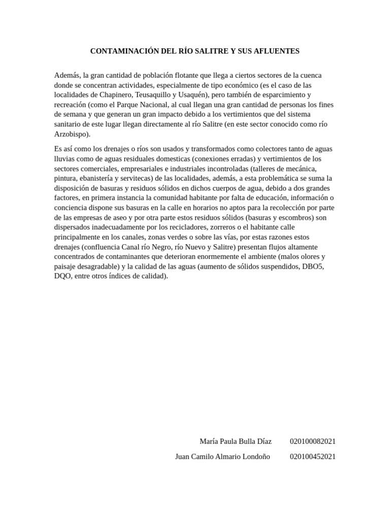 Taller 3. CONTAMINACIÓN DEL RÍO SALITRE Y SUS AFLUENTES | PDF
