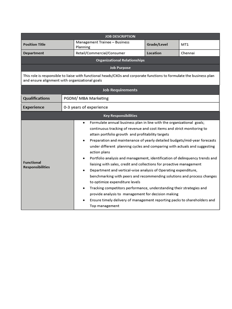 JD - Management Trainee - Business Planning | PDF