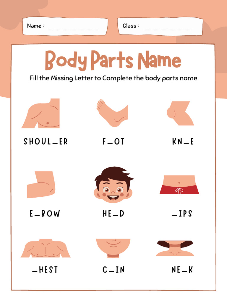 Brown Illustrated Fill The Missing Letter of Body Parts Name Worksheet ...