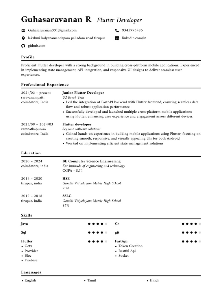 Resume Guhasaravanan Flutter | PDF | Application Software | Cross Platform Software