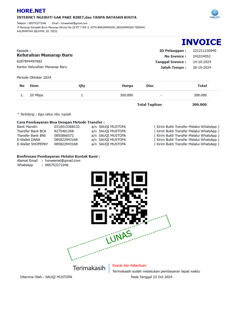 Invoice - 241014052 A - N Kelurahan Manarap Baru Periode Oktober 2024 | PDF