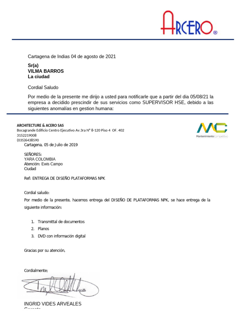 Carta Terminacion de Contrato Vilma Barros | PDF