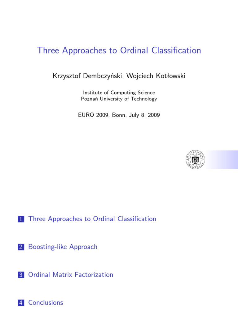 Three Approaches To Ordinal Classification Slides 2009 Pdf Matrix Mathematics