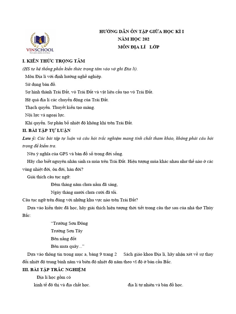 Địa 10 - HD ôn tập GK1 | PDF