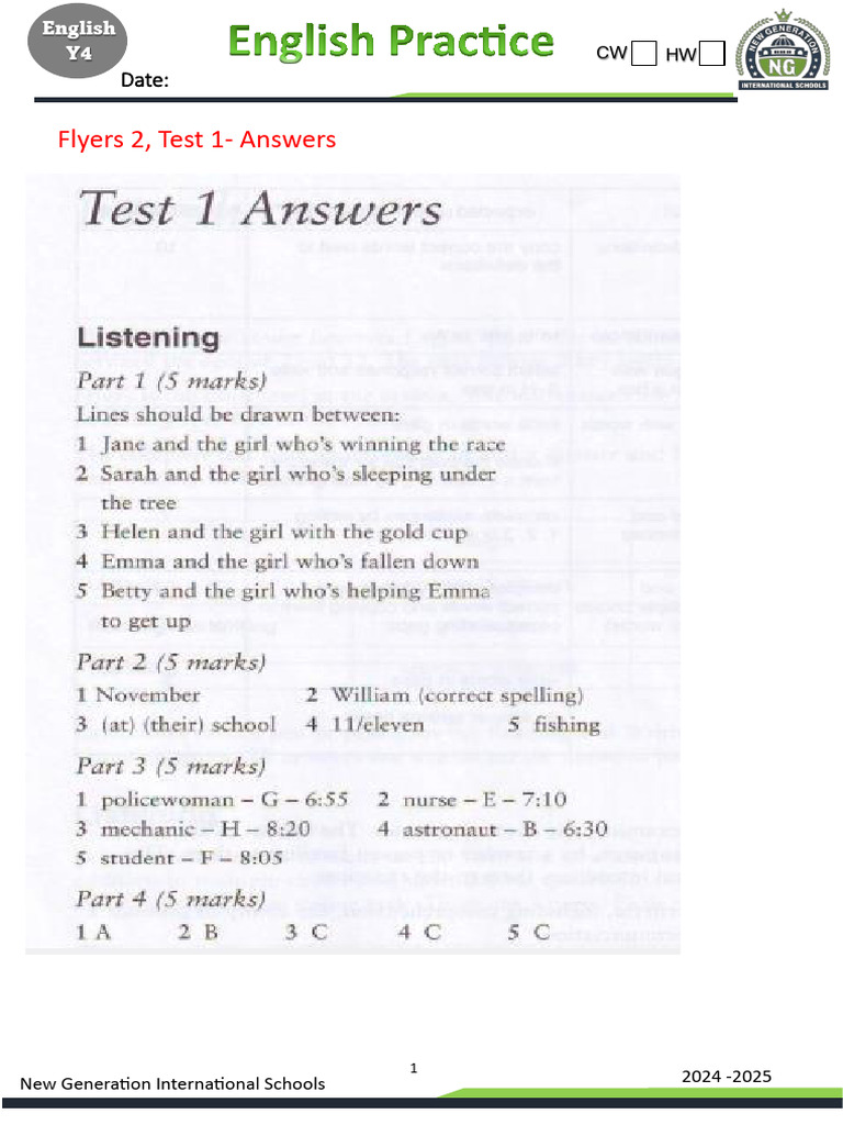 Flyers 2 Test 1 Answer Key | PDF