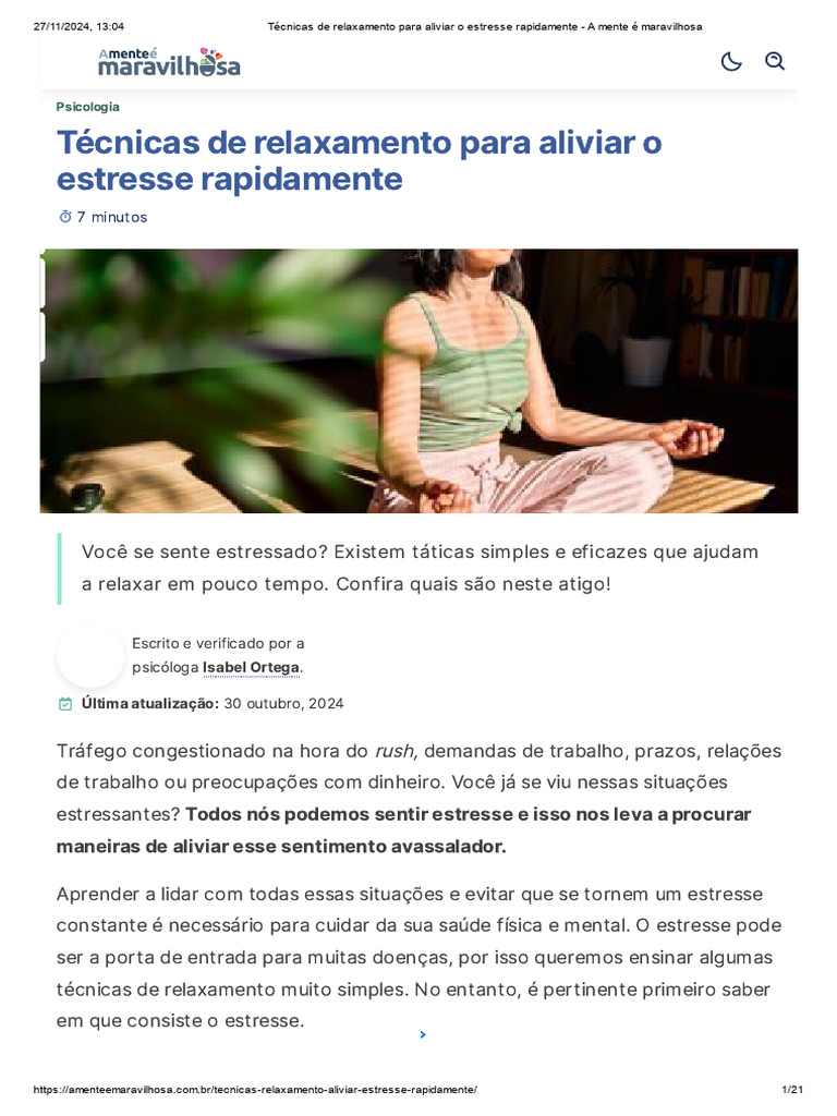 Técnicas de Relaxamento para Aliviar o Estresse Rapidamente - A Mente É Maravilhosa | PDF ...