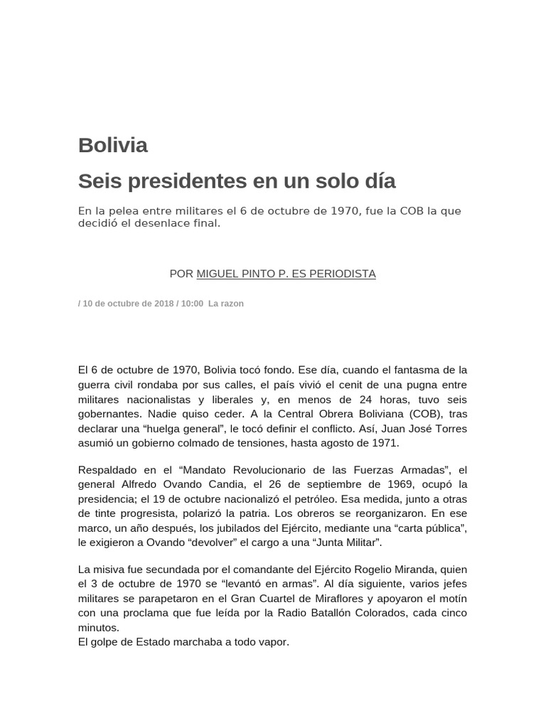 Seis Presidentes en Un Solo Día. Una Pagina de Historia Boliviana | PDF ...