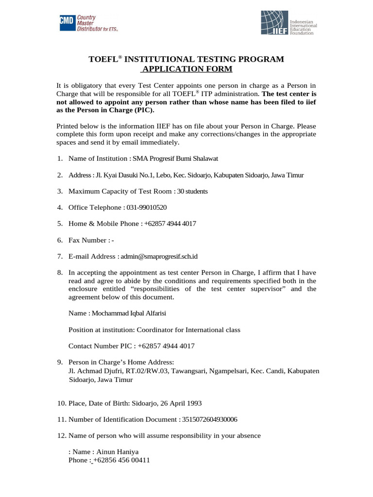 2024 Toefl Itp Application Form | PDF | English As A Second Or Foreign ...