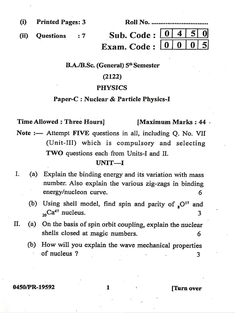 BA BSC General 5th Sem Physics Paper-C Nuclear & Particle Physics-I December 2022 | PDF