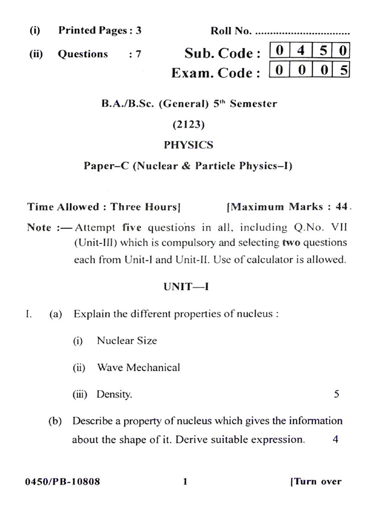 BA BSC - General - 5th Sem - Physics - Paper C - Nuclear and Particle Physics I - December 2023 ...