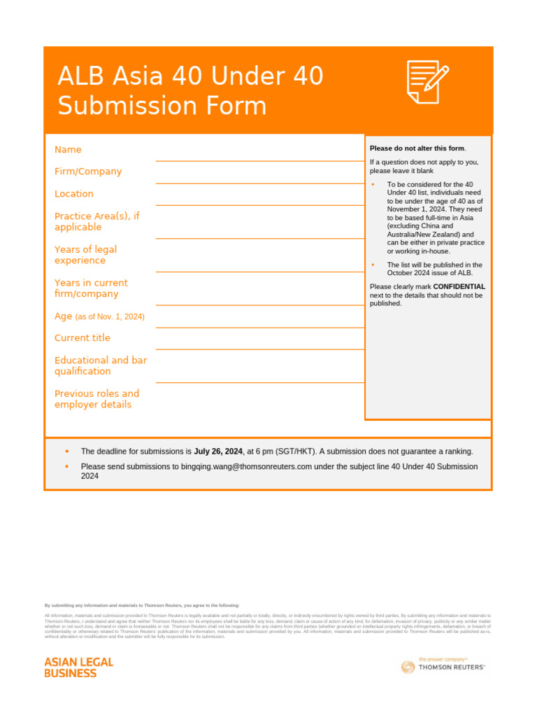ALB Asia 40 Under 40 Submission Form (2024) | PDF | Business Law ...