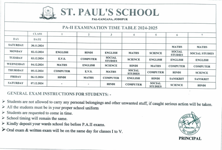 Pa-II Examination Time Table 2024-2025 | PDF
