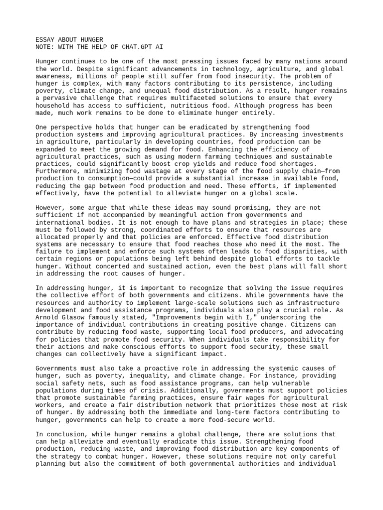 Hunger Essay | PDF | Food Security | Hunger