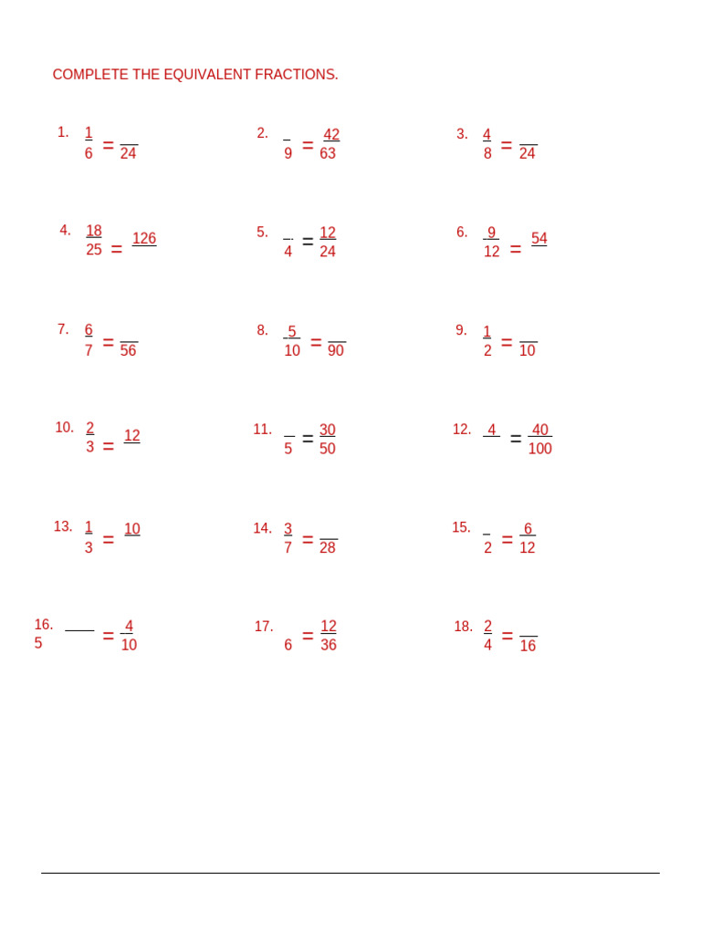 Complete Equivalent Fractions Worksheet | PDF